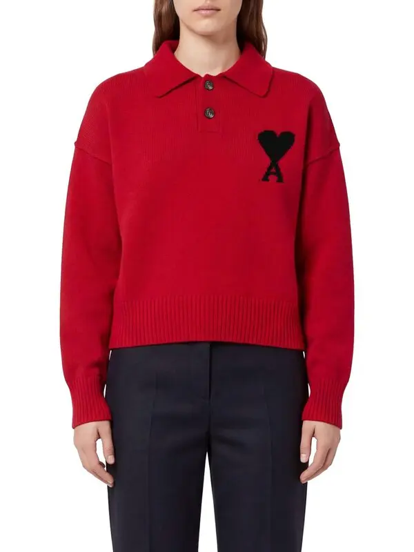 AMI Paris Long-sleeved Knit Cotton Polo With De Coeur Monogram Logo - Red