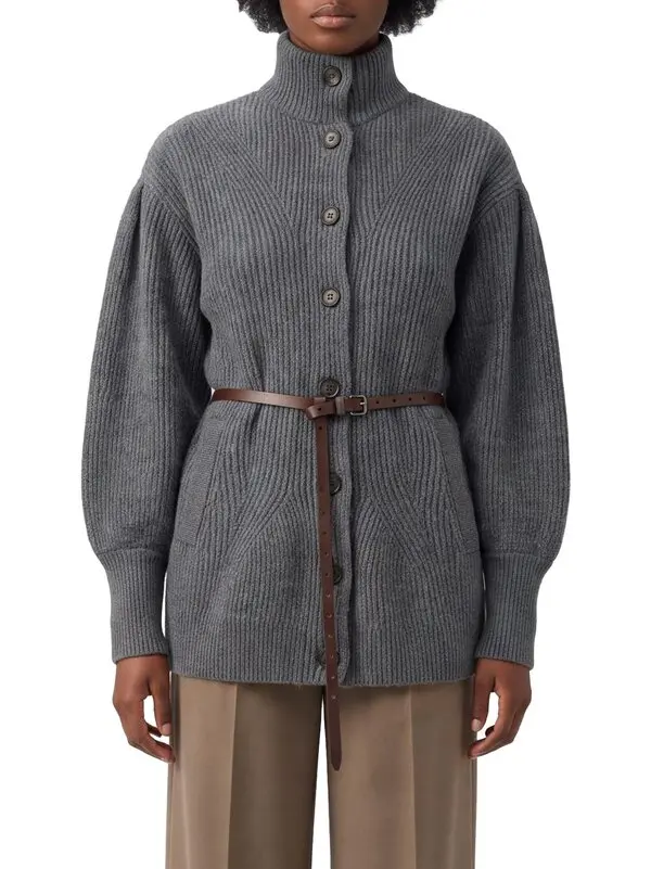 Brunello Cucinelli Belted Turtleneck Cardigan In Wool, Cashmere, And Silk - Grey