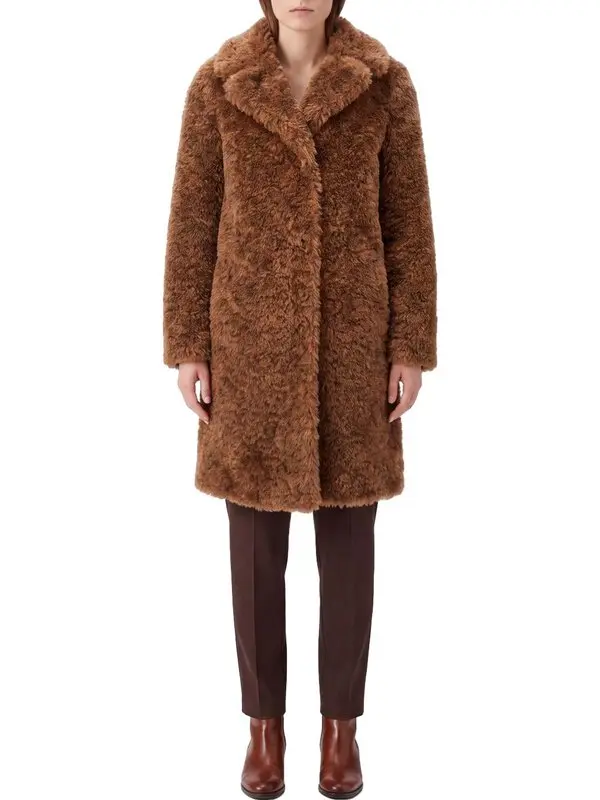 Herno Knee-length Single-breasted Faux Fur Coat With Lapel Collar - Brown