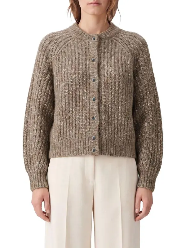 Brunello Cucinelli Abstract Pattern Fine Knit Crewneck Cardigan - Mud