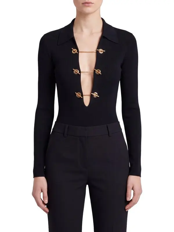 Elisabetta Franchi Long Sleeve Plunge Bodysuit - Black