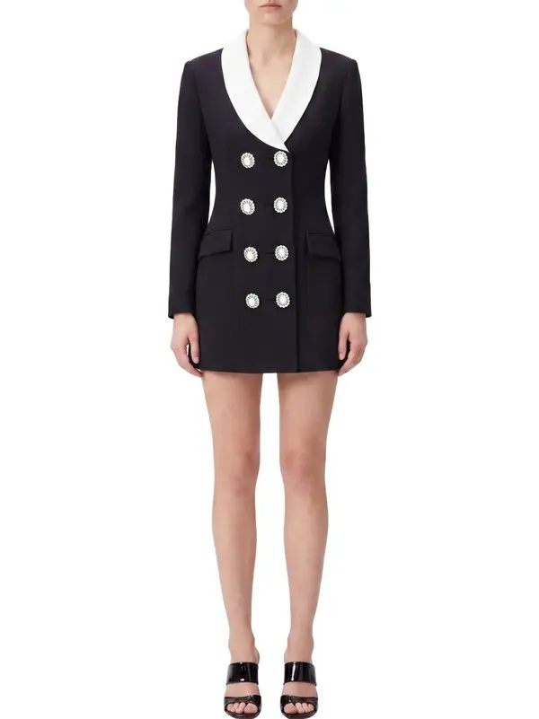 SELF-PORTRAIT Double-breasted Blazer Mini Dress In Wool With Jewelled Buttons - Black