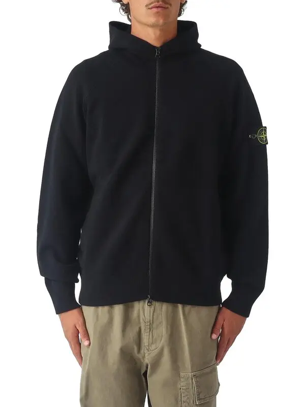 Stone Island Hooded Zip Up Sweatshirt - Black