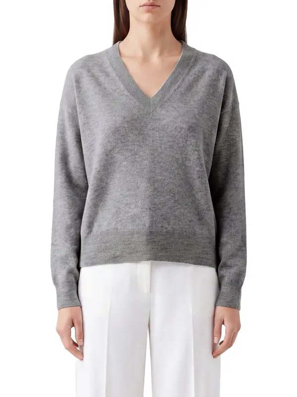 Brunello Cucinelli Pure Cashmere V-neck Jumper With Ribbed Trims - Ice