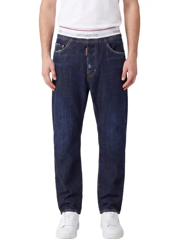 Dsquared2 Straight Leg Distressed Jeans With Elasticated Logo Waistband - Navy