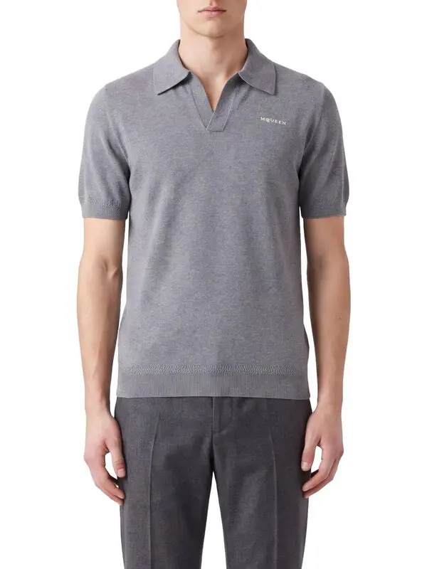 Alexander McQueen Short-sleeve Wool Knit Polo With Embroidered Contrast Logo - Grey