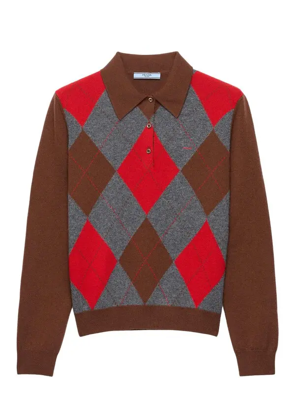 Prada Argyle Cashmere Polo Sweater - Brown