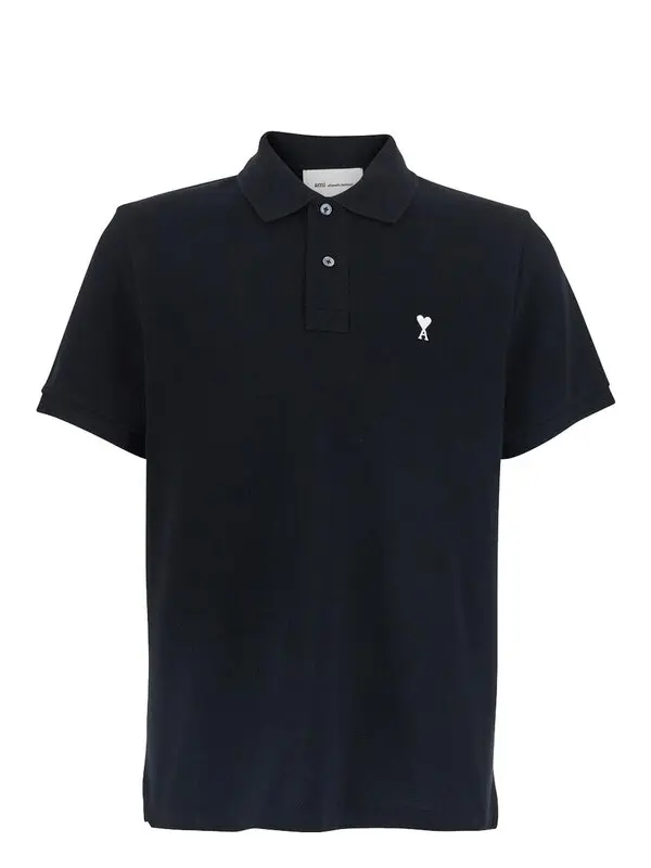 AMI Paris Polo Shirt With De Coeur Logo Embroidered On The Front In Cotton For - Black
