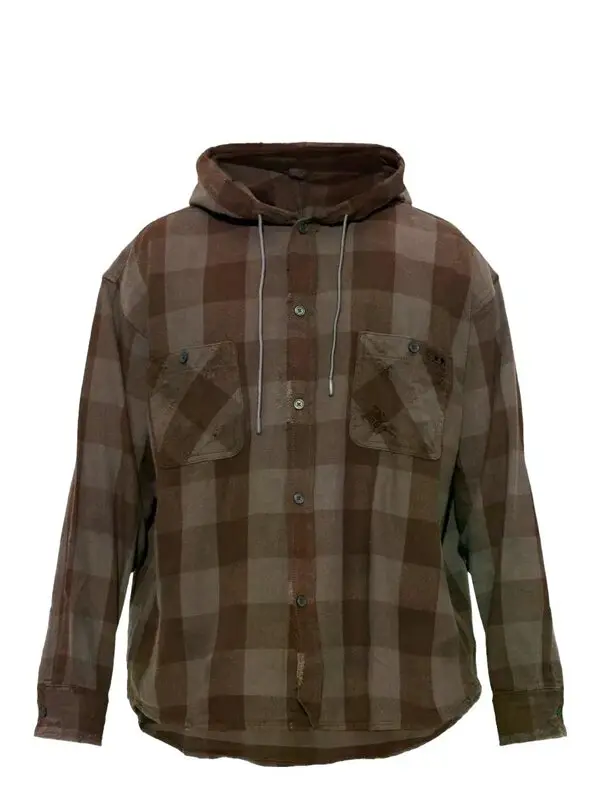 DIESEL® Distressed Hooded Shirt In Check Flannel - Brown