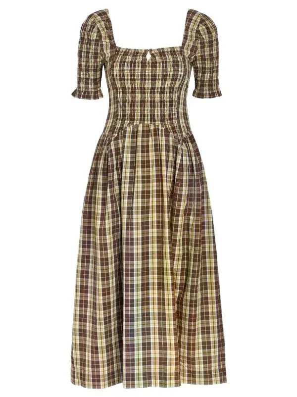 DAMSON MADDER Emmy Shirred Checked Midi Dress - Brown