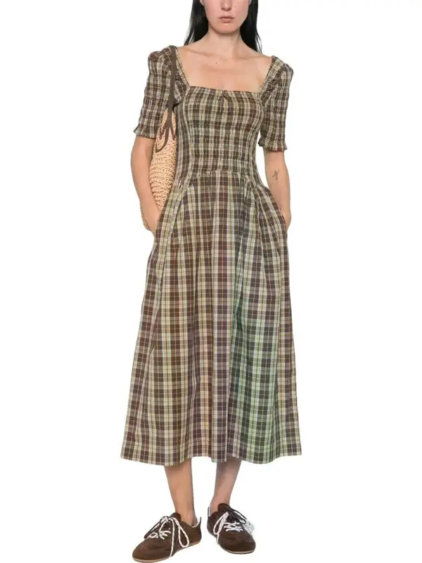DAMSON MADDER Emmy Shirred Checked Midi Dress - Brown