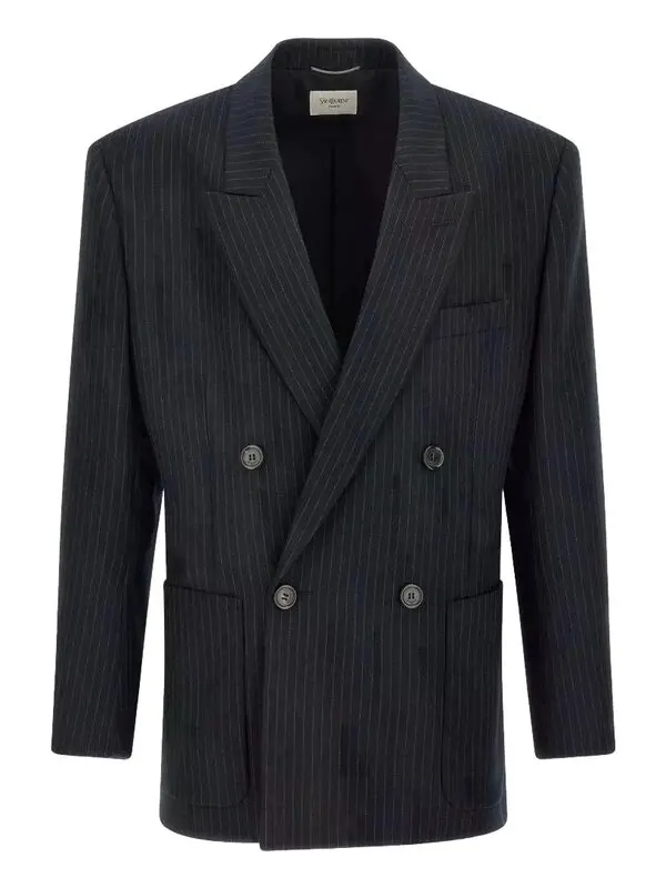 Saint Laurent Double-breasted Jacket In Pin-dot Stripe Wool Gabardine - Blue