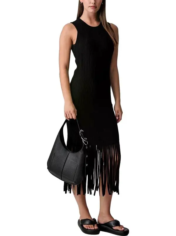 Dkny Ribbed-knit Fringe-trim Midi Dress - Black