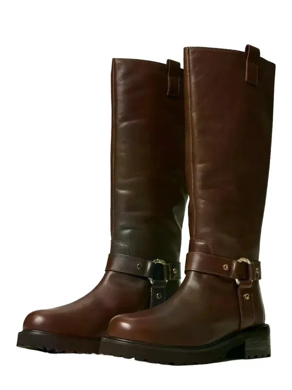 TWINSET Leather High Biker Boots With Ring - Brown