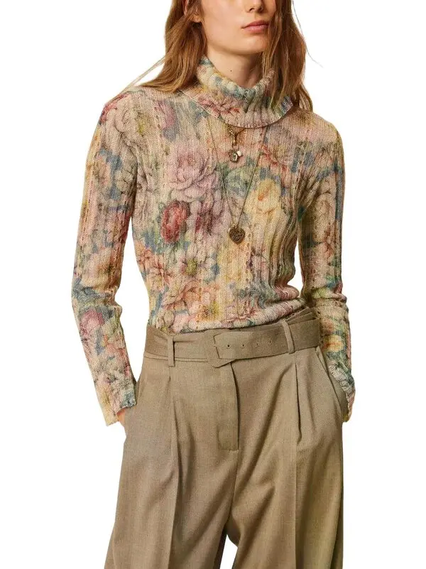 TWINSET Floral-print Open-knit Sweater - Neutrals