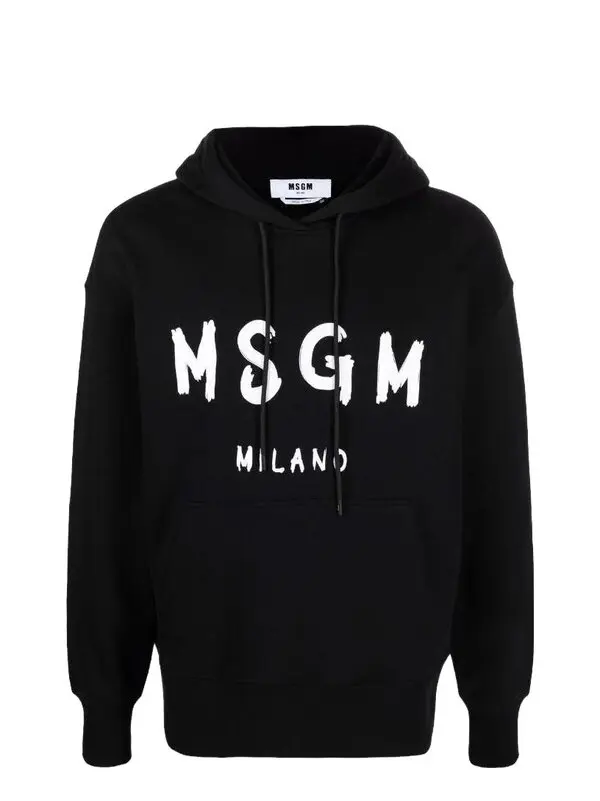 MSGM Logo Printed Drawstring Hoodie - Black