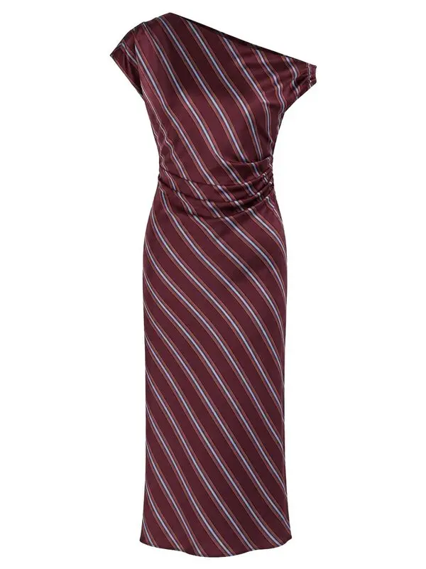 GIRL IN MIND Margot Striped Off Shoulder Midi Dress Burgundy - Brown