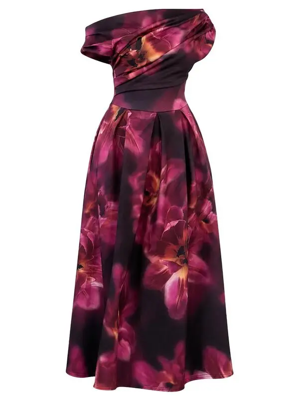 GIRL IN MIND Betty Asymmetric Neckline Floral Skater Midi Dress Plum Floral - Red