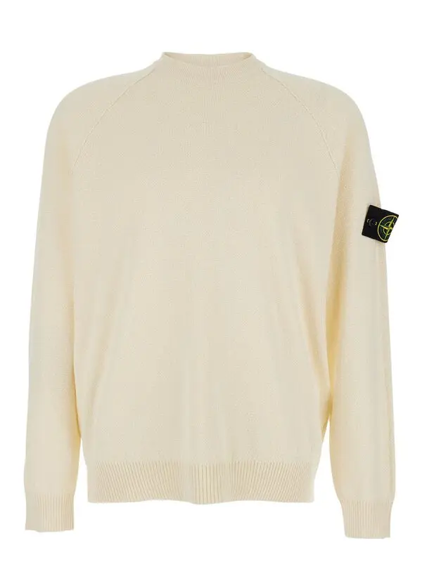 Stone Island White Crew Neck Sweater With Logo Patch On The Sleeve In Cotton For - Multicolor