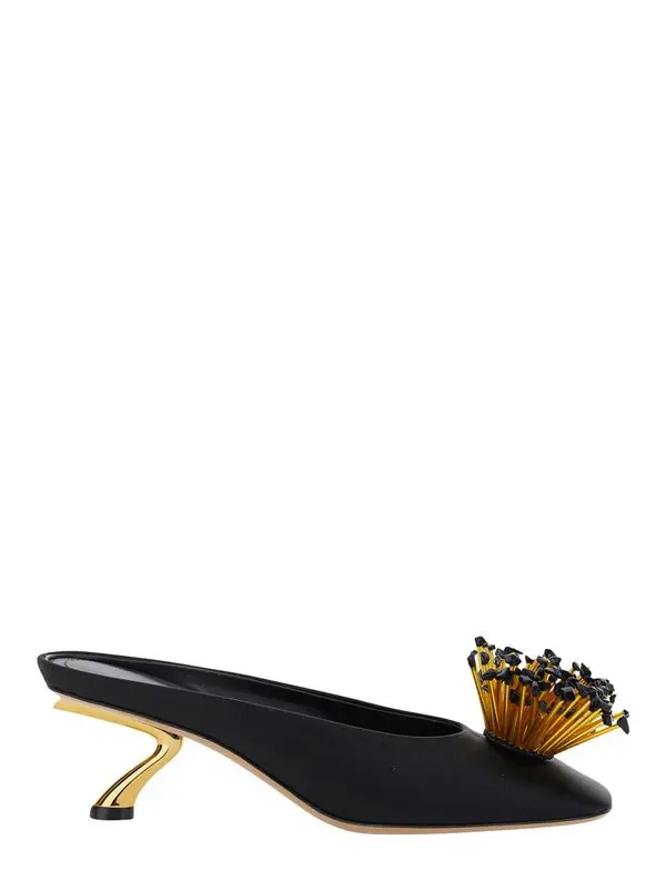 FERRAGAMO Black Sandals With Low Heel And Crystal Embellishment On The Front In Fabric - Multicolor