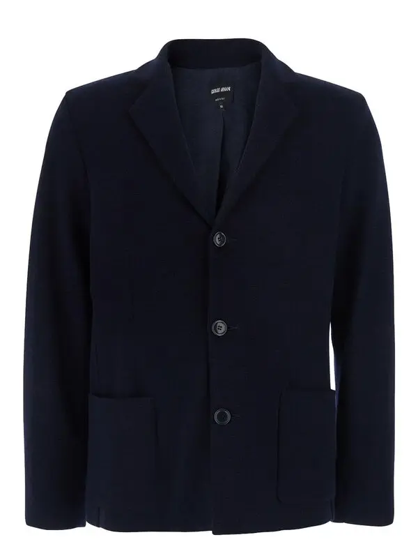 Giorgio Armani Blue Jacket With V-neck And Patch Pockets In Virgin Wool - Multicolor