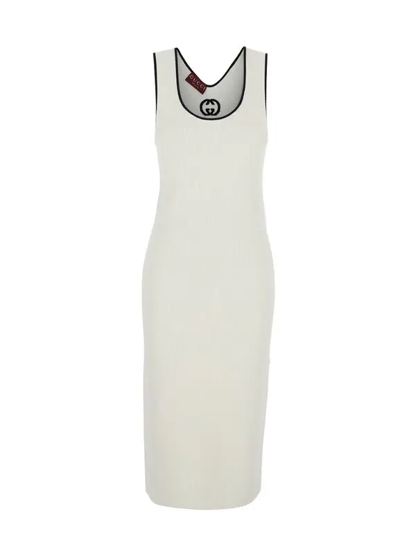 Gucci White Long Dress With Round Neck And Gg Embroidery On The Back In Viscose Blend - Multicolor