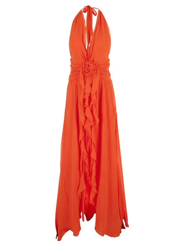 Blumarine Orange Long Dress With Halterneck And Floral Decorations In Viscose For - Multicolor