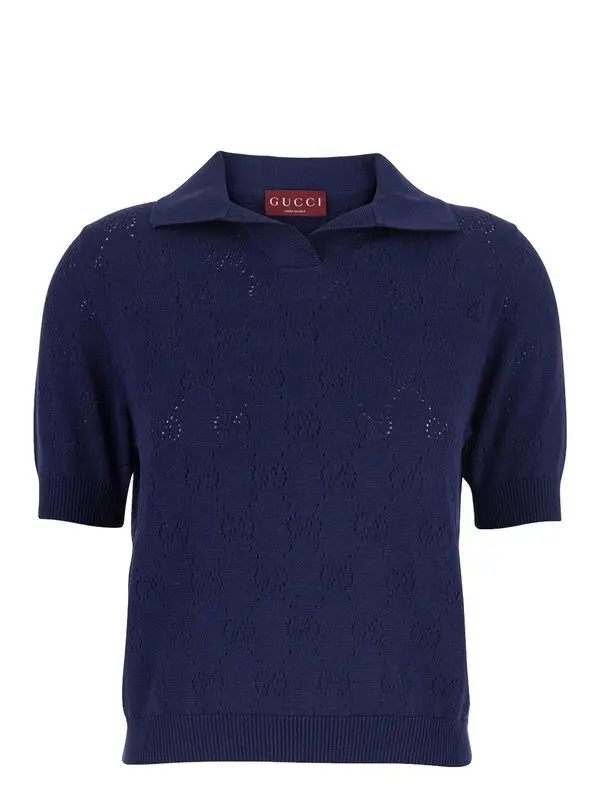 Gucci Blue Polo Shirt With Wide Collar And Gg All-over Embroidery In Cotton For - Multicolor