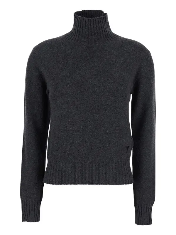 AMI Paris Grey Turtleneck Sweater With Ribbed Trims In Cashmere - Multicolor