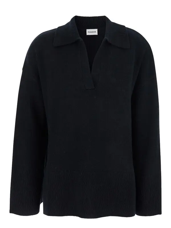 P.a.r.o.s.h Sweater With Polo Shirt Style Collar And Dropped Shoulder In Wool And Cashmere - Black