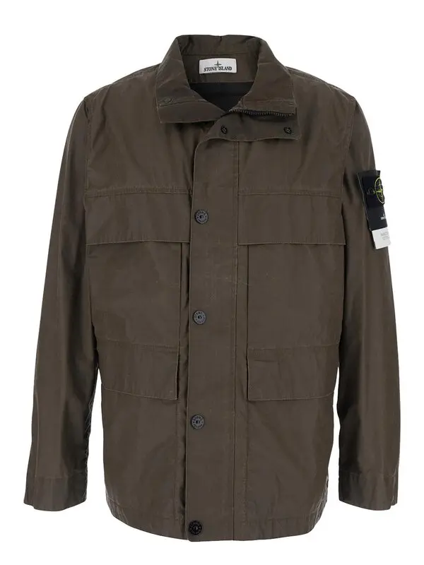 Stone Island Brown Jacket With Logo Patch On The Sleeve And Coated Design In Cotton Blend For - Multicolor