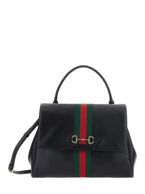Gucci Paparazzo' Black Large Handbag With Horsebit And Web Stripe On The Front In Leather For - Multicolor