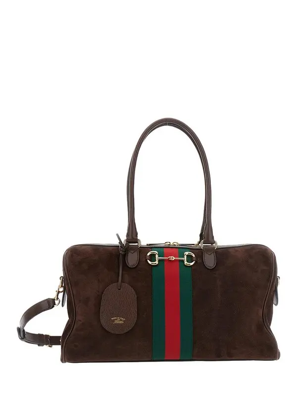 Gucci Brown Shoulder Bag With Web Detail On The Front And Horsebit Plate In Suede For - Multicolor