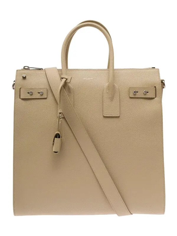 Saint Laurent Sac De Jour' Beige Tote Bag With Embossed Logo In Grainy Leather - Multicolor