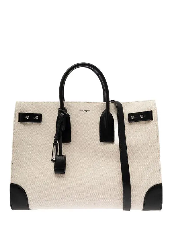 Saint Laurent Sac De Jour L' Beige Tote Bag With Brass Padlock In Canvas And Leather - Cream