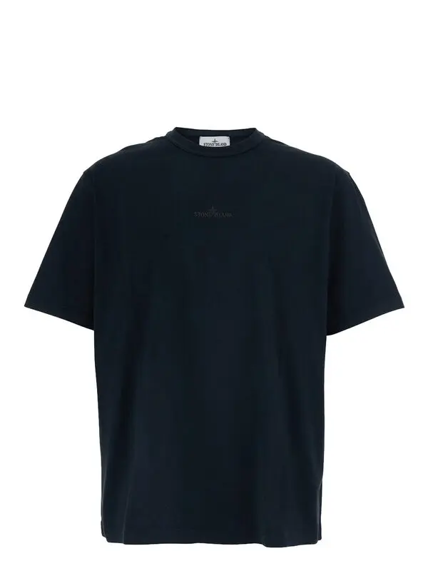 Stone Island Blue Crew Neck T-shirt With Logo Lettering Embroidery On The Front In Cotton For - Multicolor