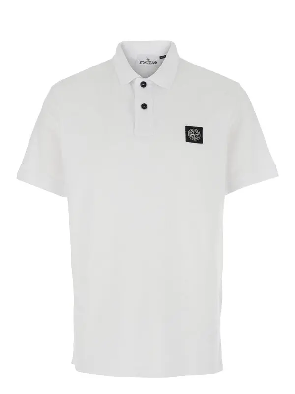 Stone Island White Polo With Classic Collar And Patch Logo On The Front In Stretch Cotton - Multicolor