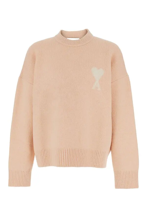 AMI Paris Pink Crewneck Sweater With Adc Embroidery On The Front And Dropped Shoulders In Wool Blend - Multicolor
