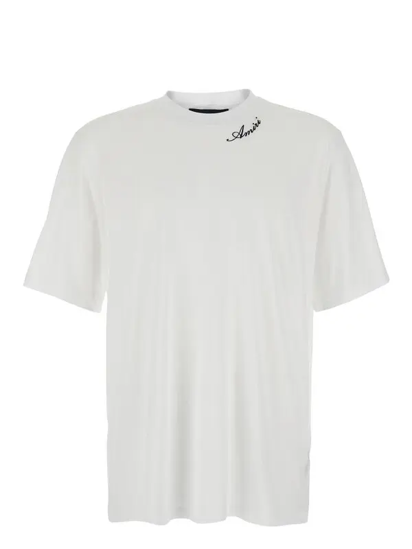 Amiri White Crew Neck T-shirt With Wide Short Sleeves And Logo Lettering Embroidery On The Neck In Tech Fabric For - Multicolor