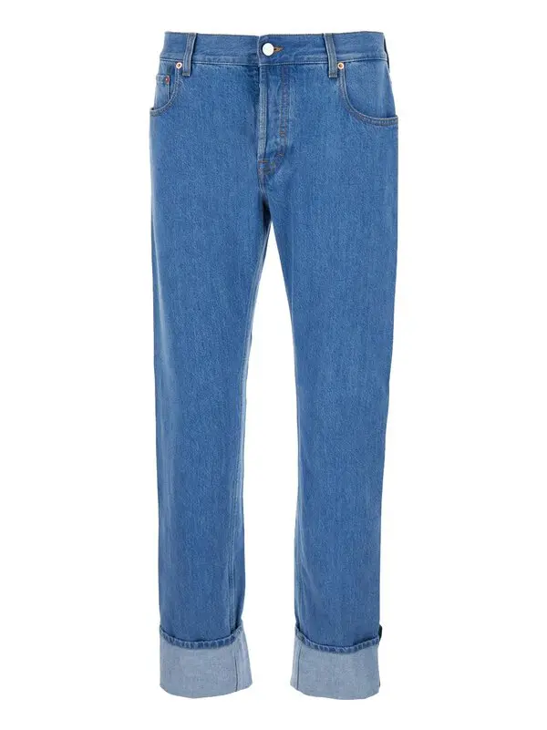 Gucci Blue Jeans With Logo Patch On The Rear And Web Turn-up Hem In Denim - Multicolor
