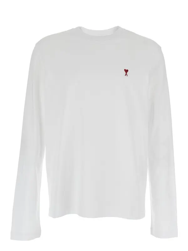 AMI Paris White Long-sleeve T-shirt With Logo On The Front In Cotton - Multicolor