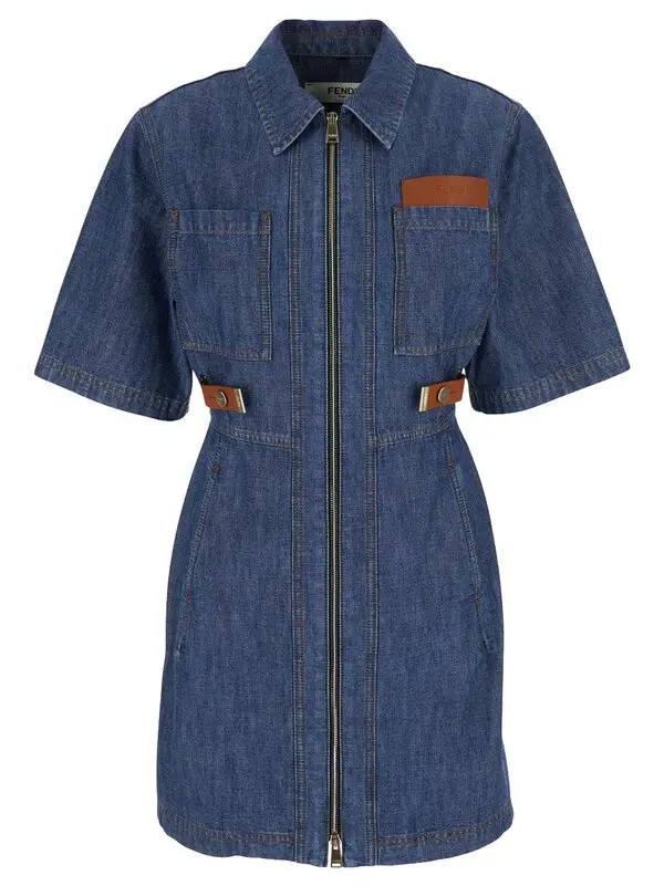 Fendi Blue Dress With Classic Collar And Leather Logo Patch On The Front In Denim For - Multicolor