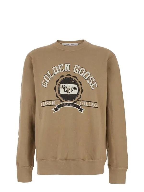 GOLDEN GOOSE Beige Crewneck Sweatshirt With Maxi Print On The Front In Cotton - Cream