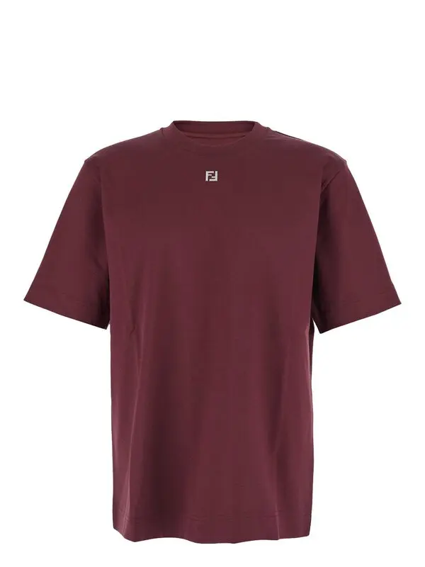 Fendi Bordeaux Crew Neck T-shirt With Ff Plate On The Front In Cotton - Multicolor