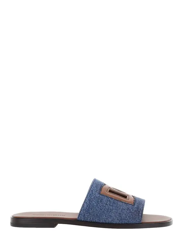 Dolce & Gabbana Brown Sandals With Cut-out Logo And Denim Strap In Leather For - Multicolor