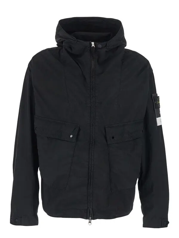 Stone Island Black Hooded Jacket With Buttons And Logo Patch On Sleeve In Tech Fabric For - Multicolor