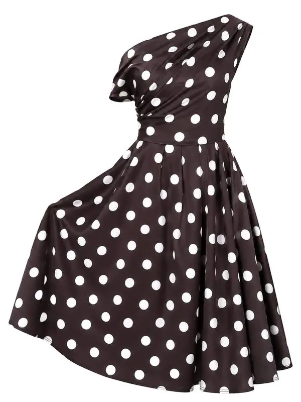 GIRL IN MIND Betty Asymmetric Neckline Skater Midi Polka - Brown