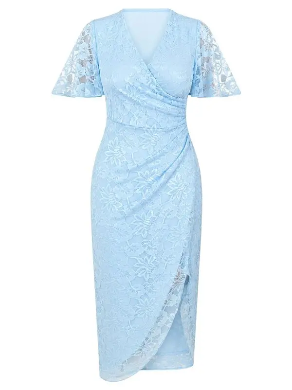 GIRL IN MIND Natasha Angel Sleeve Wrap Midi Dress In Sky - Blue