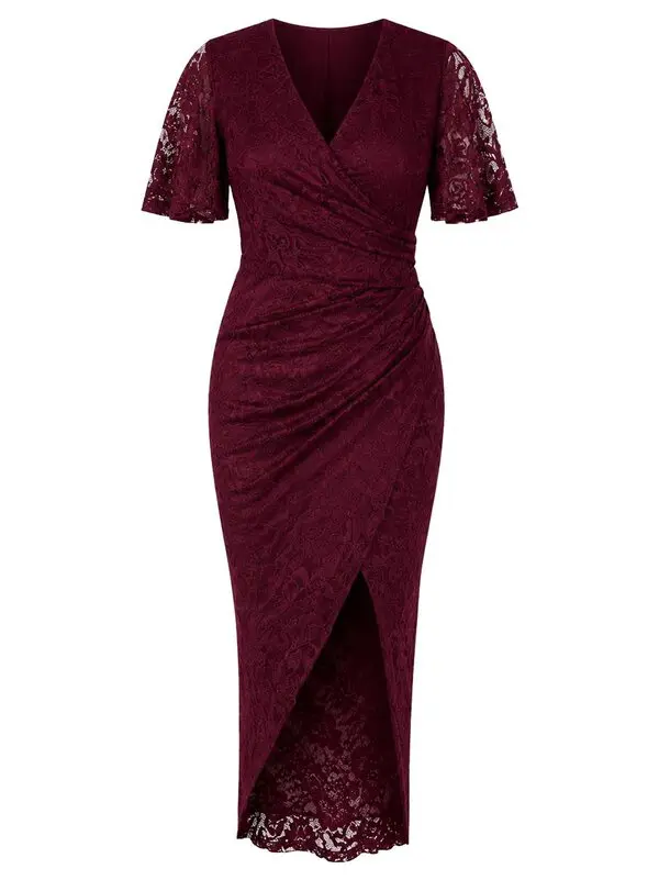 GIRL IN MIND Natasha Angel Sleeve Wrap Midi Dress In Wine - Red