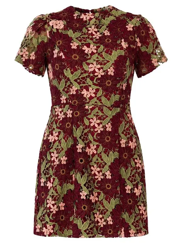 GIRL IN MIND Ami Corded Lace Tulip Sleeve Mini Dress Burgundy - Brown